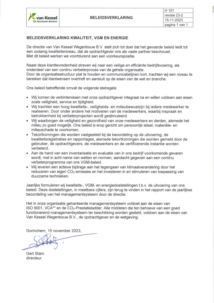 Beleidsverklaring 15 nov.2023 - Van Kessel Wegenbouw BV
